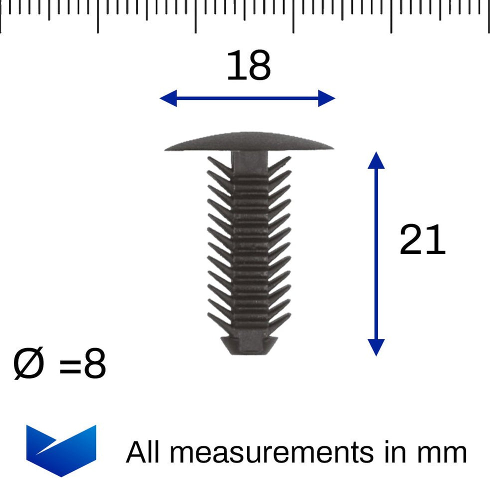 Fir Tree Trim Panel Clips- 8mm Hole- 18mm Head, Black, Perfect for Vol ...